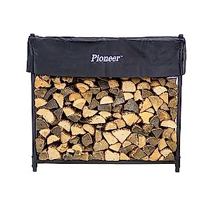 Woodhaven Pioneer 4' Firewood Rack with Cover - Black - Steel Outdoor Log Holder With Cover - Made In The USA - Powder Coat Finish