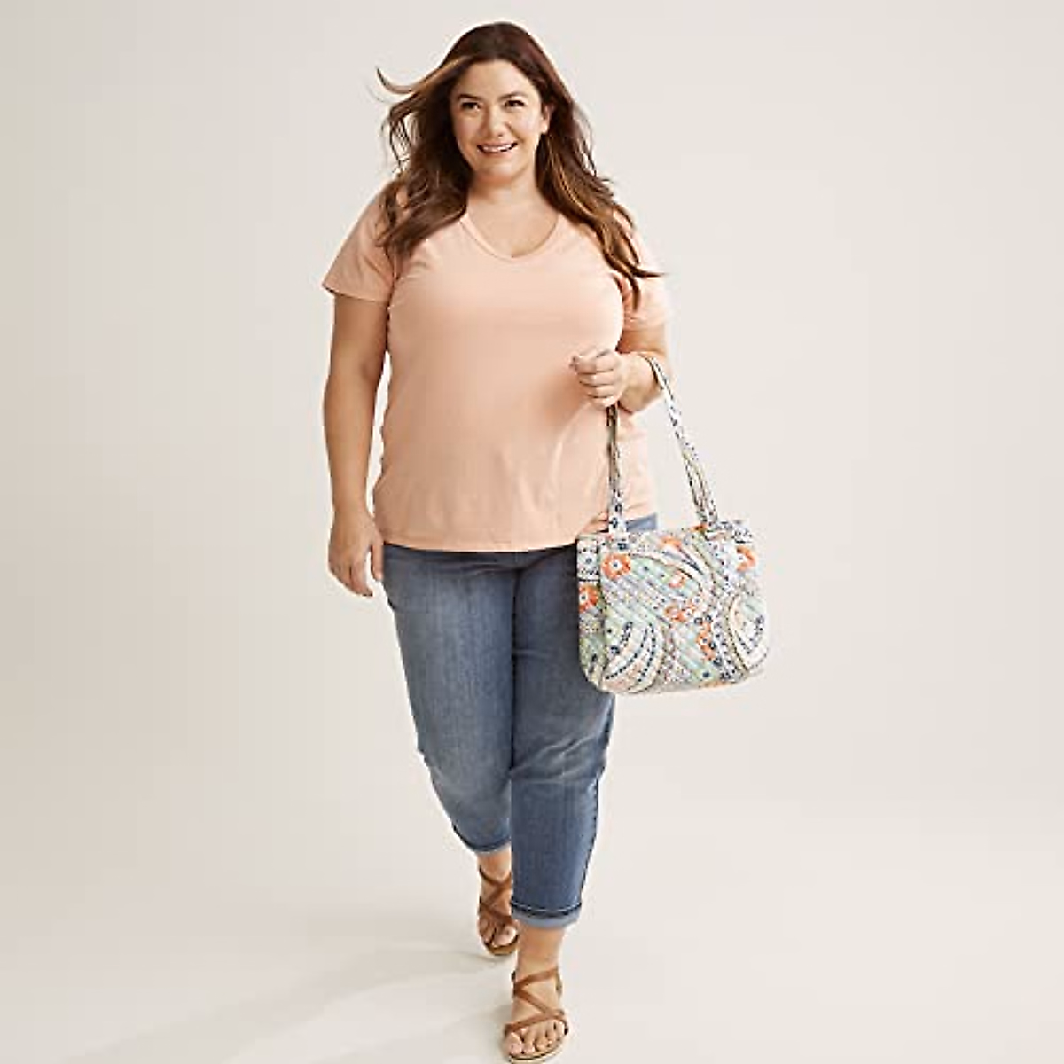 Vera Bradley Women's Cotton Multi-Compartment Shoulder Satchel Purse, Rosy Outlook - Recycled Cotton, One Size