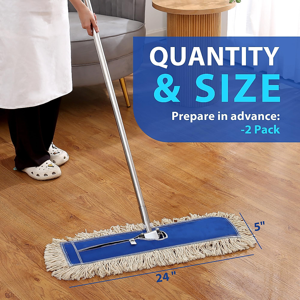 2 Pack - 24" Wide X 5 Cotton Floor Dust Mop Head Refill Short Fiber for Easy Sweep - Replacement Replacement Head for Home & Commercial Use