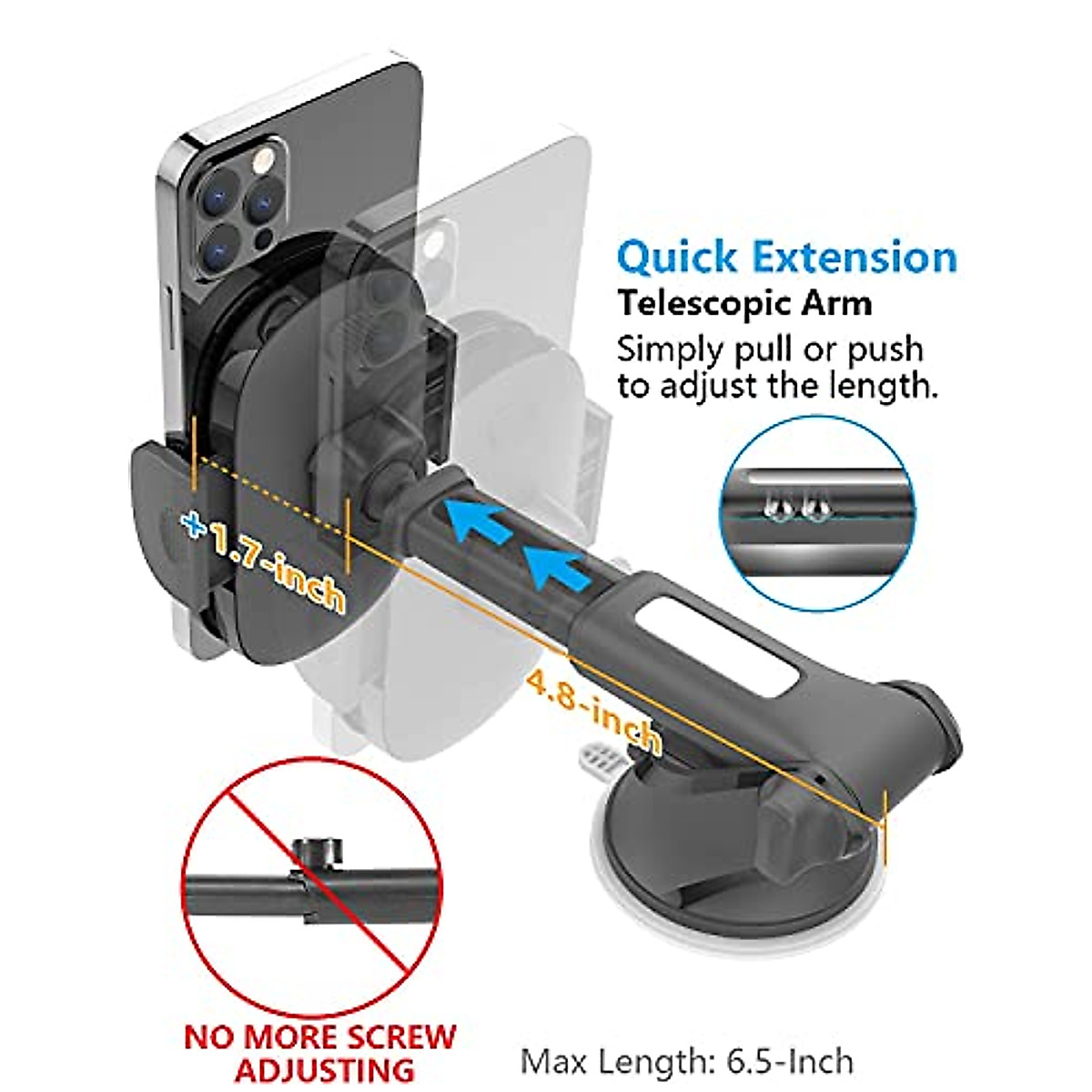 APPS2Car Adjustable Windshield Phone Mount for Car [Quick Extension Long Arm] Suction Cup Cell Phone Holder Compatible with All Smartphones - Easy Clamp Hands-Free Universal