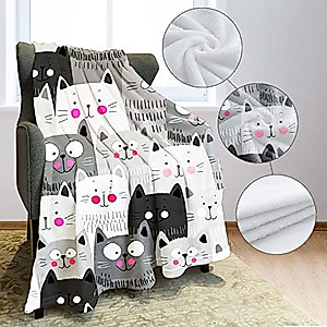 YISUMEI Cute Cat Throw Blanket Grey and White Smiling Cat Fleece Blanket Soft Warm Cozy for Kids Adult Gifts 50"x60"