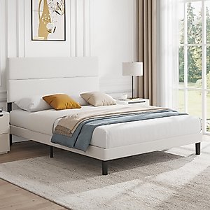 HOWE Queen Size Bed Frame, Upholstered Platform Bed with Adjustable Headboard, Sturdy Bedframe Linen Fabric/Easy Assembly/No Box Spring Needed/Noise-Free/Cream