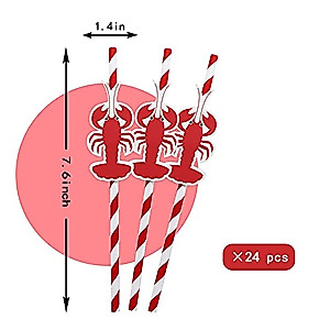 Lobster Paper Straws Decor-24 Pack of Crawfish Birthday Party or Christmas Paper Straws Supplies-Red and White Disposable Striped Paper Decorative Drinking Straws for Seafood Party Decorations