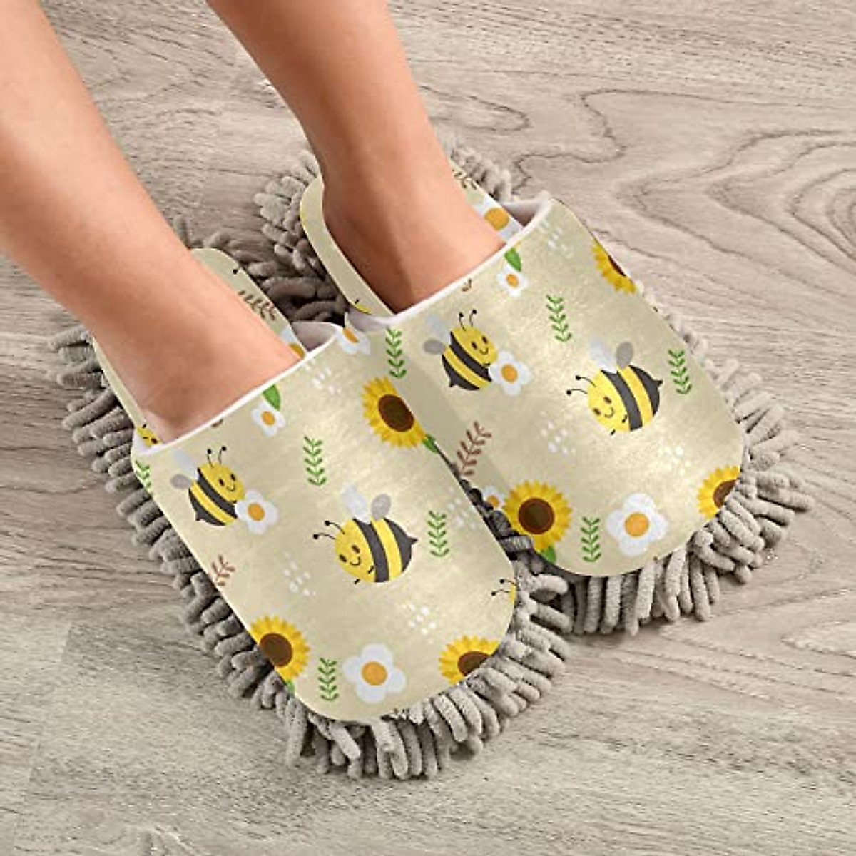 MCHIVER Bee Sunflower Mop Slippers for Floor Cleaning Kitchen Mop Shoes for Men Dust Mop Slippers for House