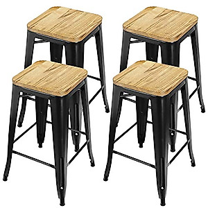 ZENY Metal Bar Stools Set of 4, Counter Height 26" Stools with Wooden Seat Stackable Indoor/Outdoor Barstools, 330 lbs Capacity