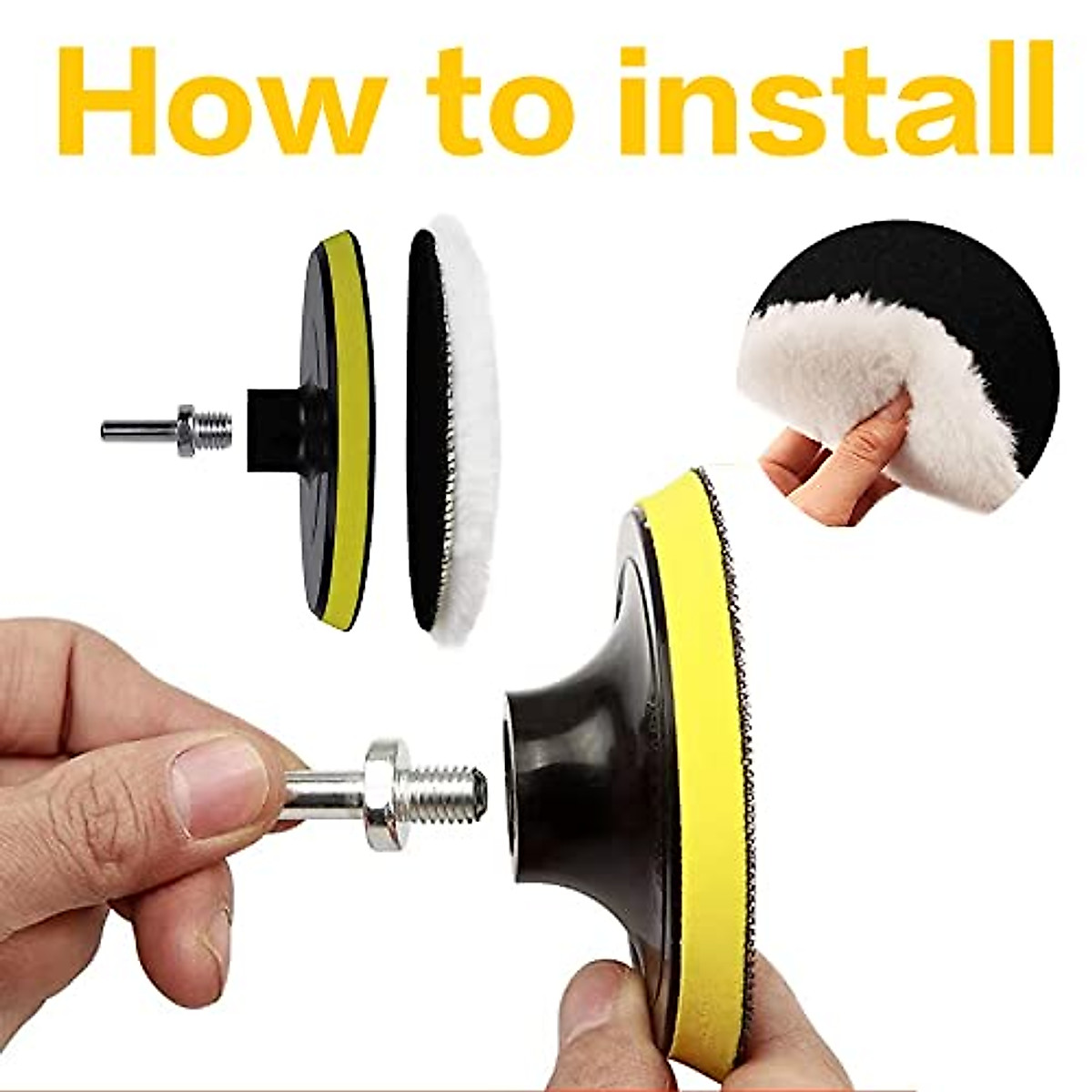 Banseko 5 Pcs Kit 6 Inch Wool Cutting Pad,Polishing Buffing Wheel for Drill Wool Pads Wheel Polishing Pads,Woolen Polishing Waxing Pads with Drill Adapter for Car Polisher Polishing and Buffing