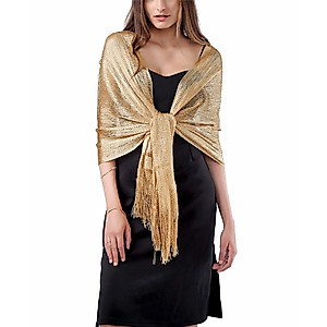 Womens Wedding Evening Wrap Shawl Glitter Metallic Prom Party Scarf with Fringe, 3 Metallic Gold