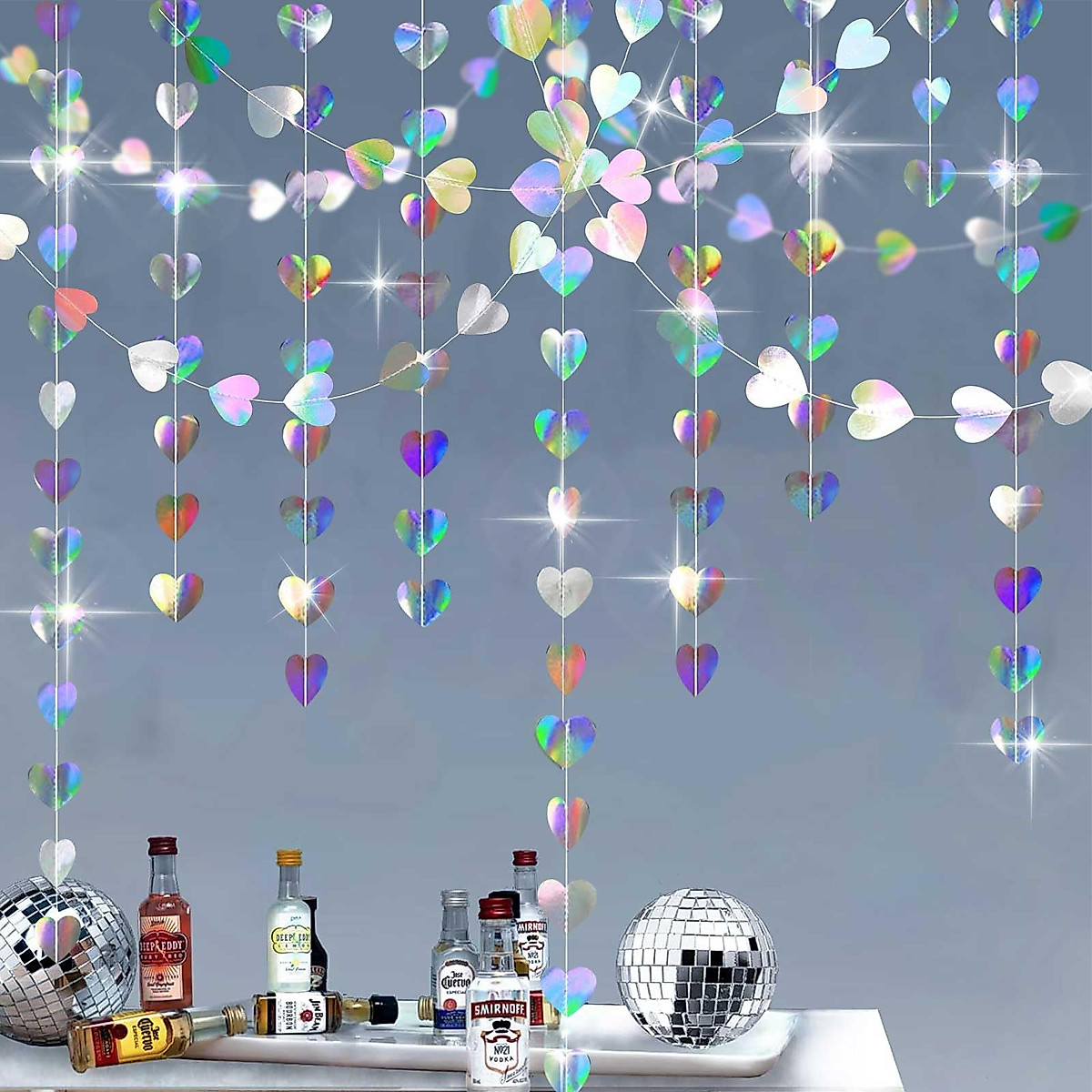 Fecedy 4 Pack Iridescent Love-Heart Garland Hanging Neon Streamers Banner for Birthday Bachelorette Baby Bridal Shower Engagement Valentines Decoration