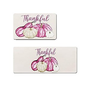 Thanksgiving Fall Bath Mat for Tub,Non Slip Bathroom Floor Runner Rug Quick Dry & Absorbent Diatomaceous Earth Shower Sink Kitchen Washable Doormat,Thanksful Harvest Pumpkin Pink White 20x24+20x48
