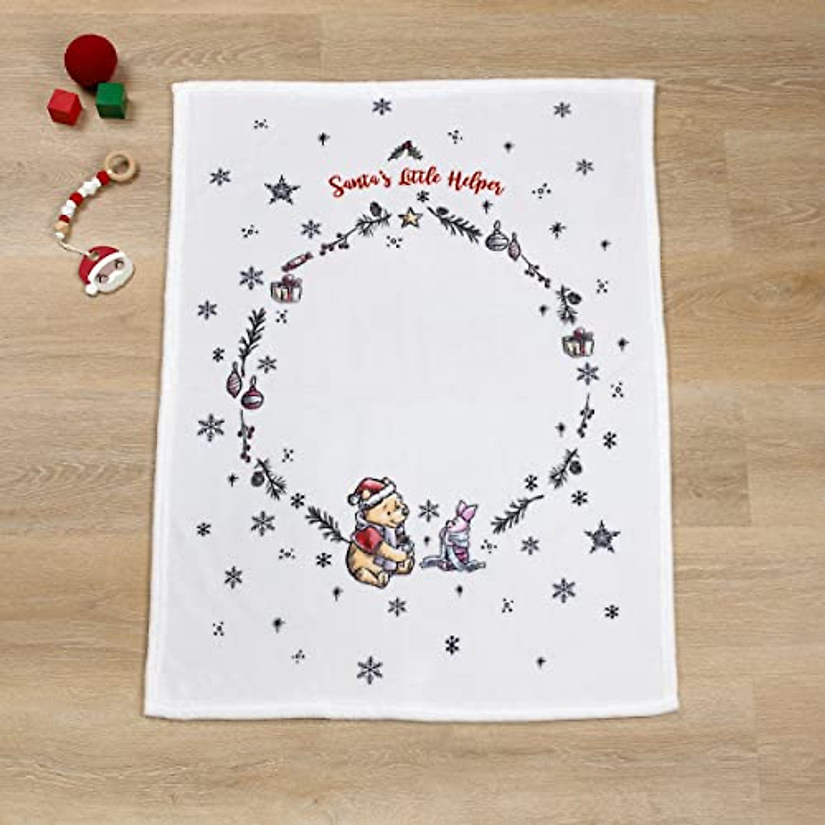 Disney Winnie The Pooh and Piglet White, Red, and Green Christmas Holiday Wreath Santa's Little Helper Photo Op Super Soft Baby Blanket