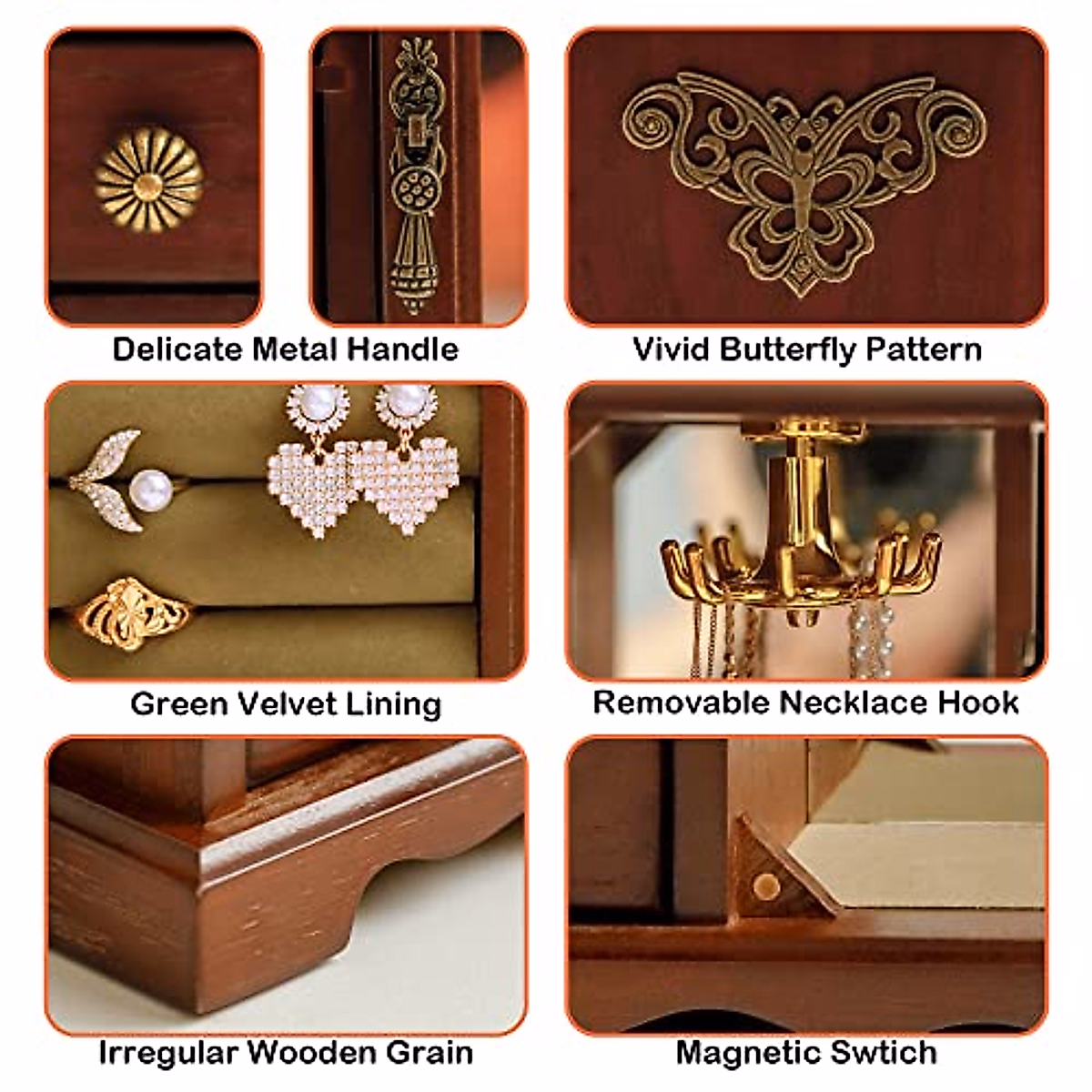Kendal Wooden Jewelry Box for Women, Solid Jewelry Organizer With 5 Drawer, Wood Jewelry Case with Butterfly Pattern & Mirror for Necklaces, Earring, Rings (Brown with 5 drawer)