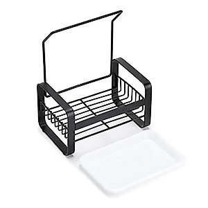 JUXYES Stainless Steel Sponge Holder with Dishcloth Drying Rack, Kitchen Sink Organizer Caddy Tray Sponge Brush Soap Holder with Removable Drain Tray for Kitchen (S, Black)