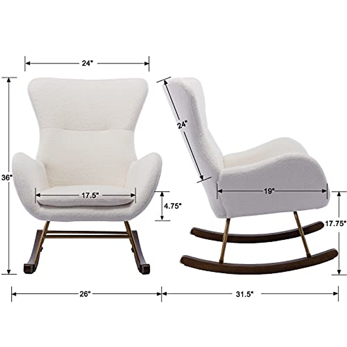 DM Furniture Sherpa Rocking Accent Chair Upholstered Nursery Glider Rocker for Baby Nursing Comfy Lounge Chair with Gold Legs for Living Room Bedroom, White