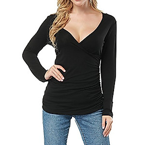 ALLEGRACE Womens Sexy Long Sleeve Tops Casual Fall Ruched V Neck Wrap Shirts Black L