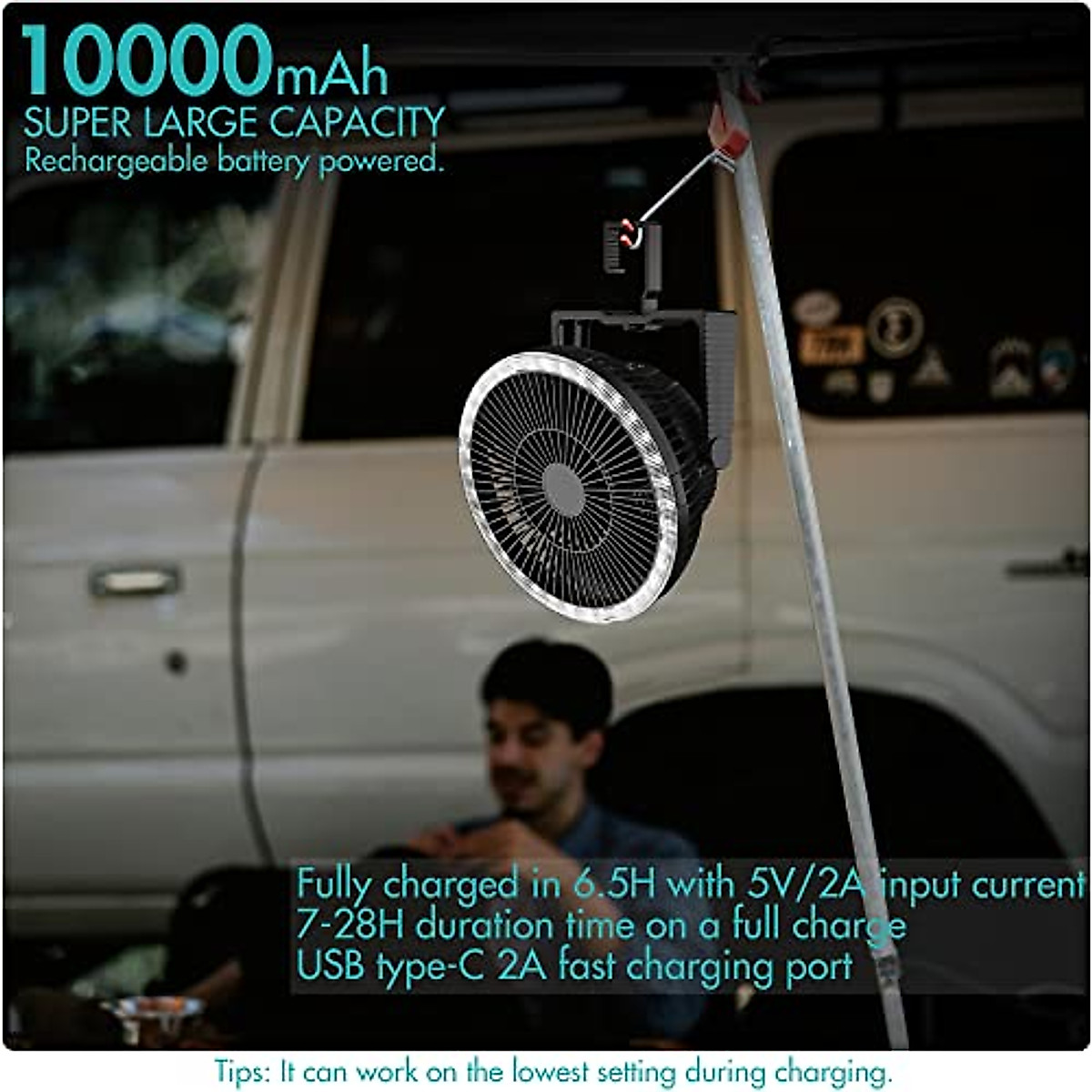 YONHISDAT Portable Camping Fan for Tents, 10000mAh Rechargeable Battery Fan, 8-inch Tent Fan with Foldable Handle for Camping Hiking Traveling