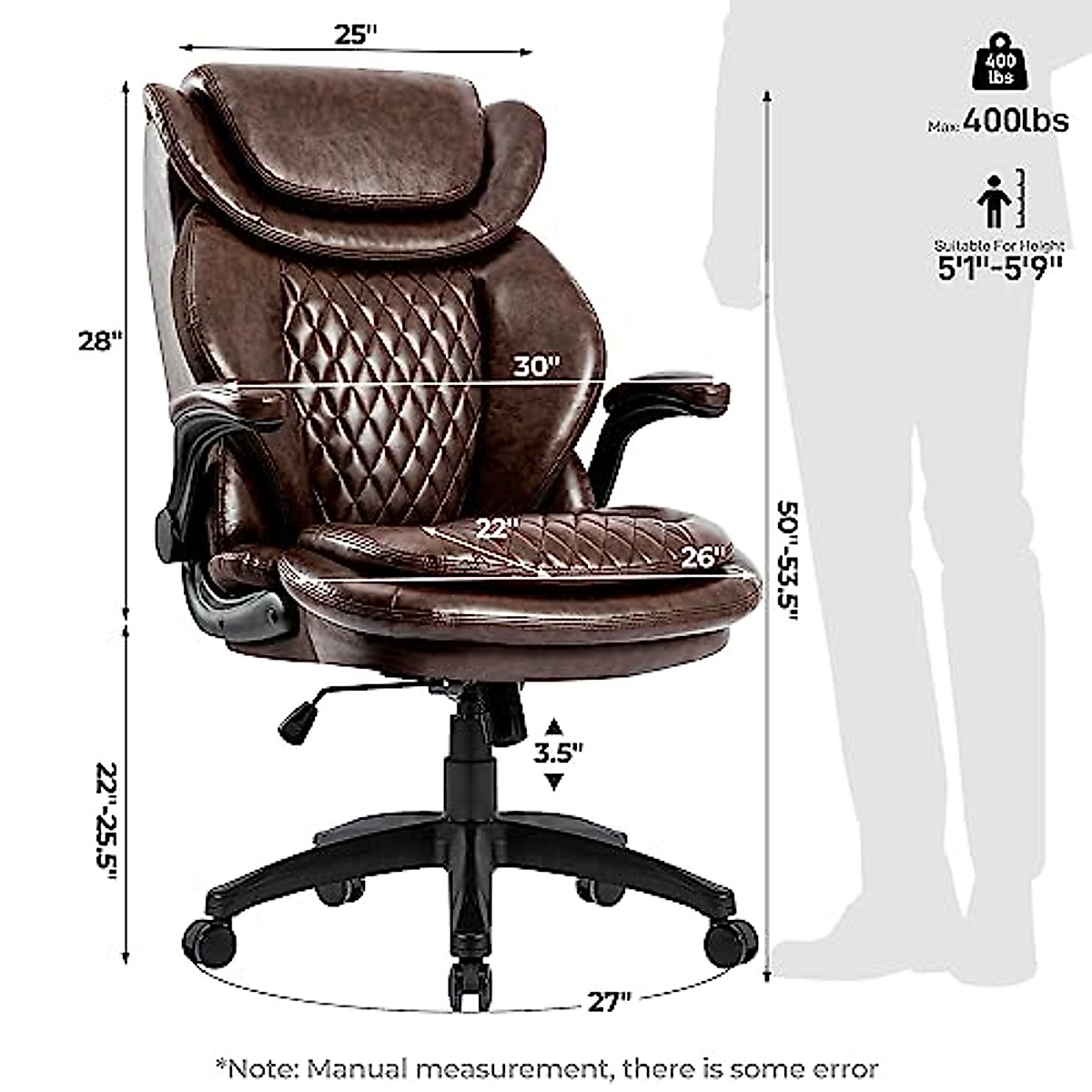 YI DANICA High Back Big & Tall 400lb Office Chair - Heavy Duty Base, Adjustable Tilt Angle Large Bonded Leather Ergonomic Executive Desk Computer Swivel Chair
