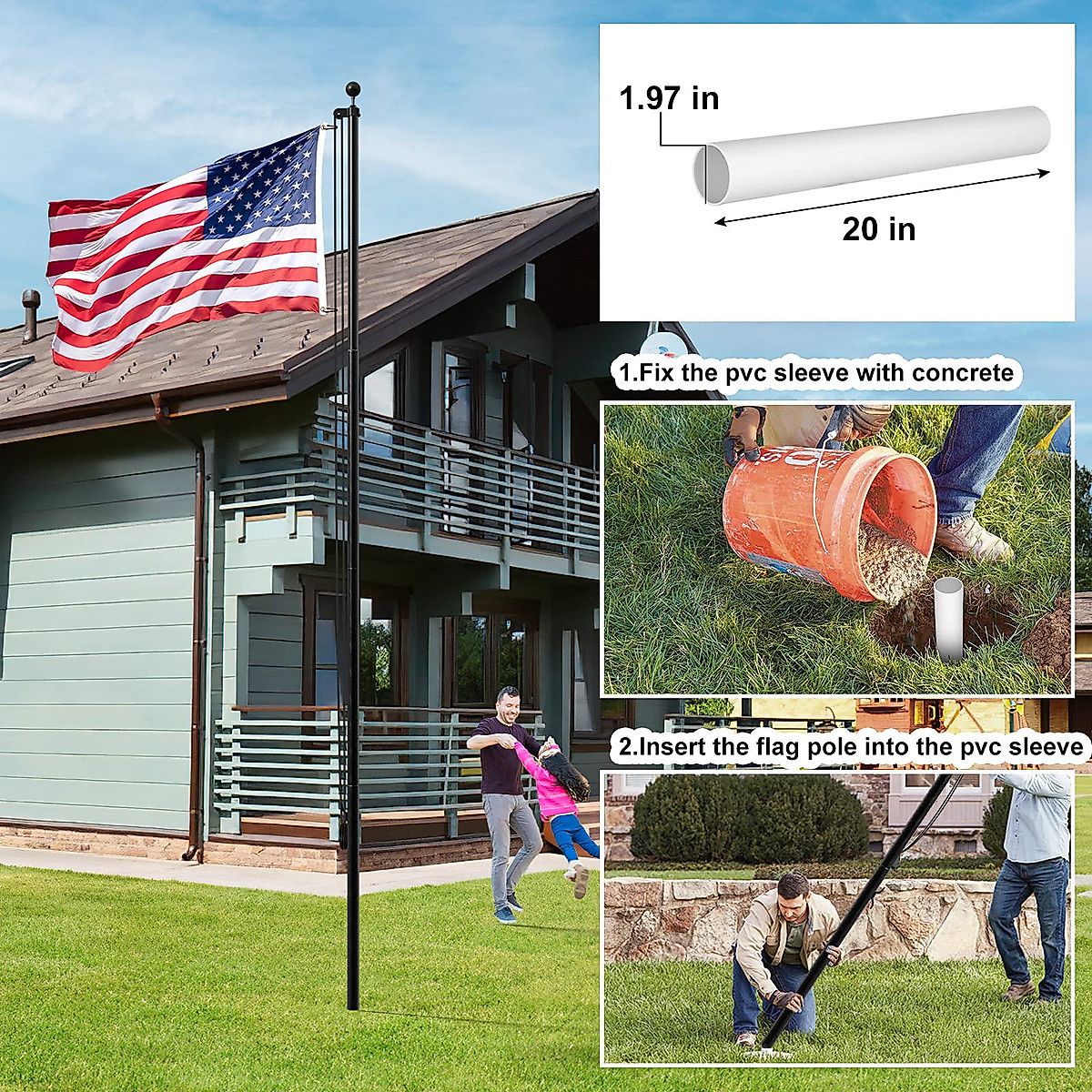 FFILY Flag Pole for Outside In Ground - 20 FT Heavy Duty Flagpole Kit for Yard - Extra Thick Outdoor Flag Poles with 3x5 American Flag for Residential or Commercial, Black