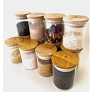 DurenDesign Glass Jar Set with Bamboo Lids, 6oz Clear Glass Food Storage and Kitchen Organization 12 Jar Set with Bamboo Lids