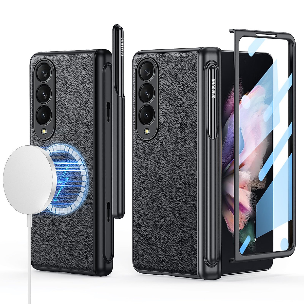 Libeagle Compatible with Samsung Galaxy Z Fold 3 Case, Support All Magsafe Accessories, Leather Back, Removable S Pen Holder on Hinge Protection, Screen Protector, Magnetic Cover 5G 2021 - Black