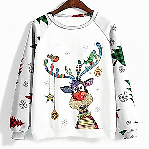 Womens Christmas Sweatshirt Long Sleeve Crewneck Cute Vintage Trendy Winter 2023 Christmas Sweater Women Reindeer Merry Tshirts Shirts White L
