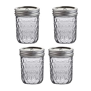 Regular Mouth Quilted Crystal Jelly Mason Jars 8 oz - (4 Pack) - Ball 8-Ounce Quilted Crystal Jelly Jars with Lids and Bands - For Canning, Fermenting, Pickling, Freezing - Glass jar, Microwave & Dishwasher Safe