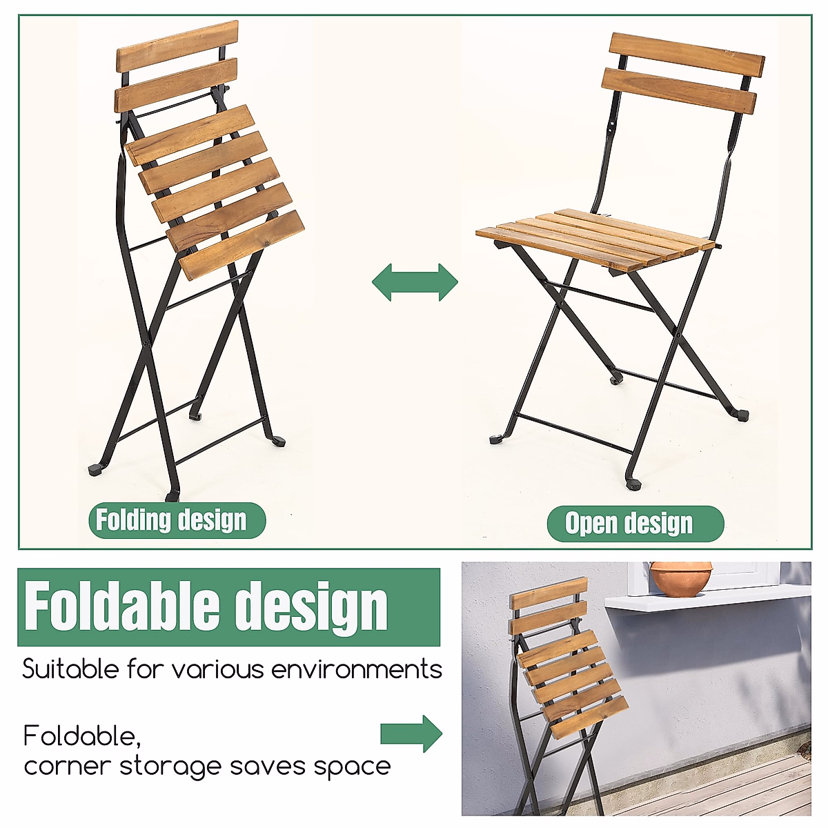 3 Pieces Bistro Set Outdoor Furniture Sets 2 Folding Chairs and Table Steel Frames and Weather-Resistant Wood Portable Design for Bistro & Balcony (Natural)