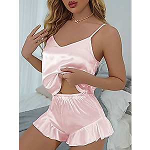 Pajamas for Women Silk Sleepwear Sexy Lingerie Satin Cami Shorts Set Nightwear Pink M