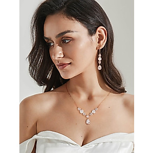 SWEETV 3 Pack Cubic Zirconia Bridal Jewelry Sets for Wedding, Crystal Necklace Dangle Earring Bracelet Jewelry Sets for Women, Rose Gold Prom Costume Jewelry Gifts