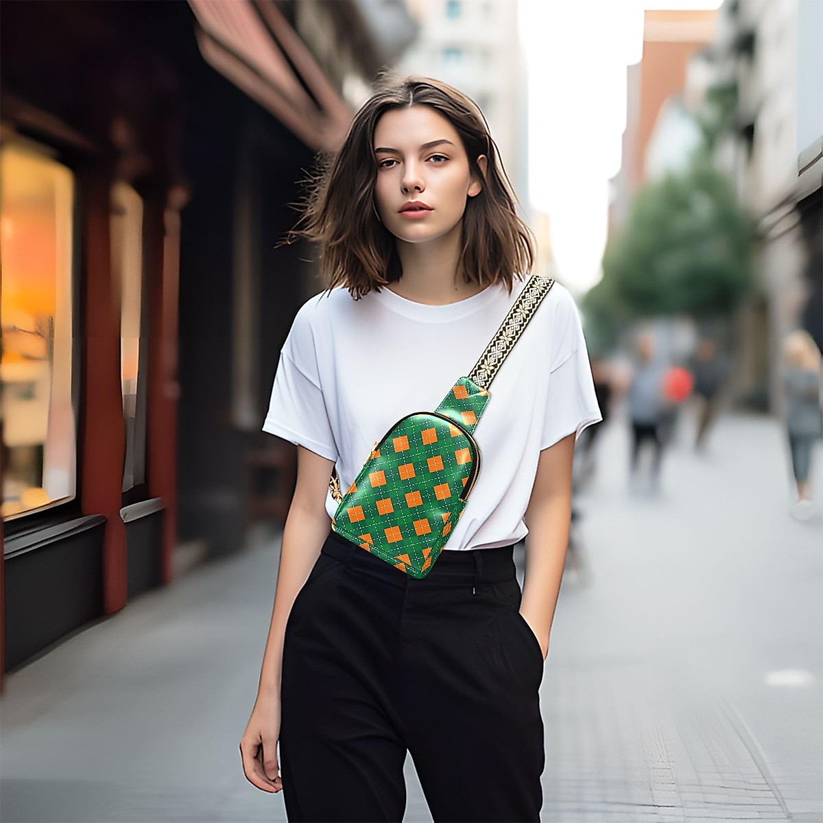 Women Crossbody Sling Backpack St-patrick-day-green-orange-plaid Girl Chest Bag Daypack for Hiking Traveling