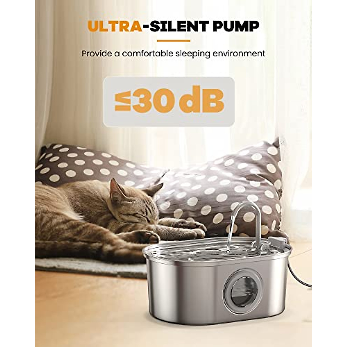 SOOFPET Cat Water Fountain with Water Level Window, 108oz/3.2L Water Fountain for Cats Inside, Stainless Steel Pet Water Fountain Dog Water Dispenser, Faucet Shape, Quiet Pump, for Dogs and Cats