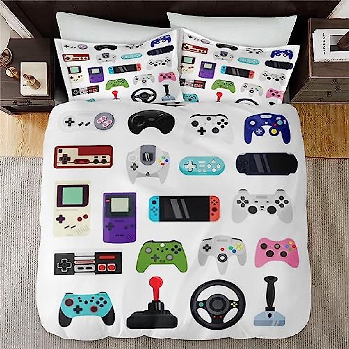Duvet Cover Twin Size, Game Gaming Retro Wireless Bedding Set with Zipper Closure for Kids and Adults, Wheel Gamepad Steering Comforter Cover with Pillow Sham for Bedroom Bed Decor