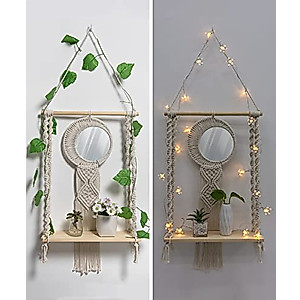 Sonefreiy Macrame Wall Hanging Shelf Boho Rope Shelves with Mirror Dreamcatcher Bohemian Wall Decor for Bedroom, Bathroom, Living Room