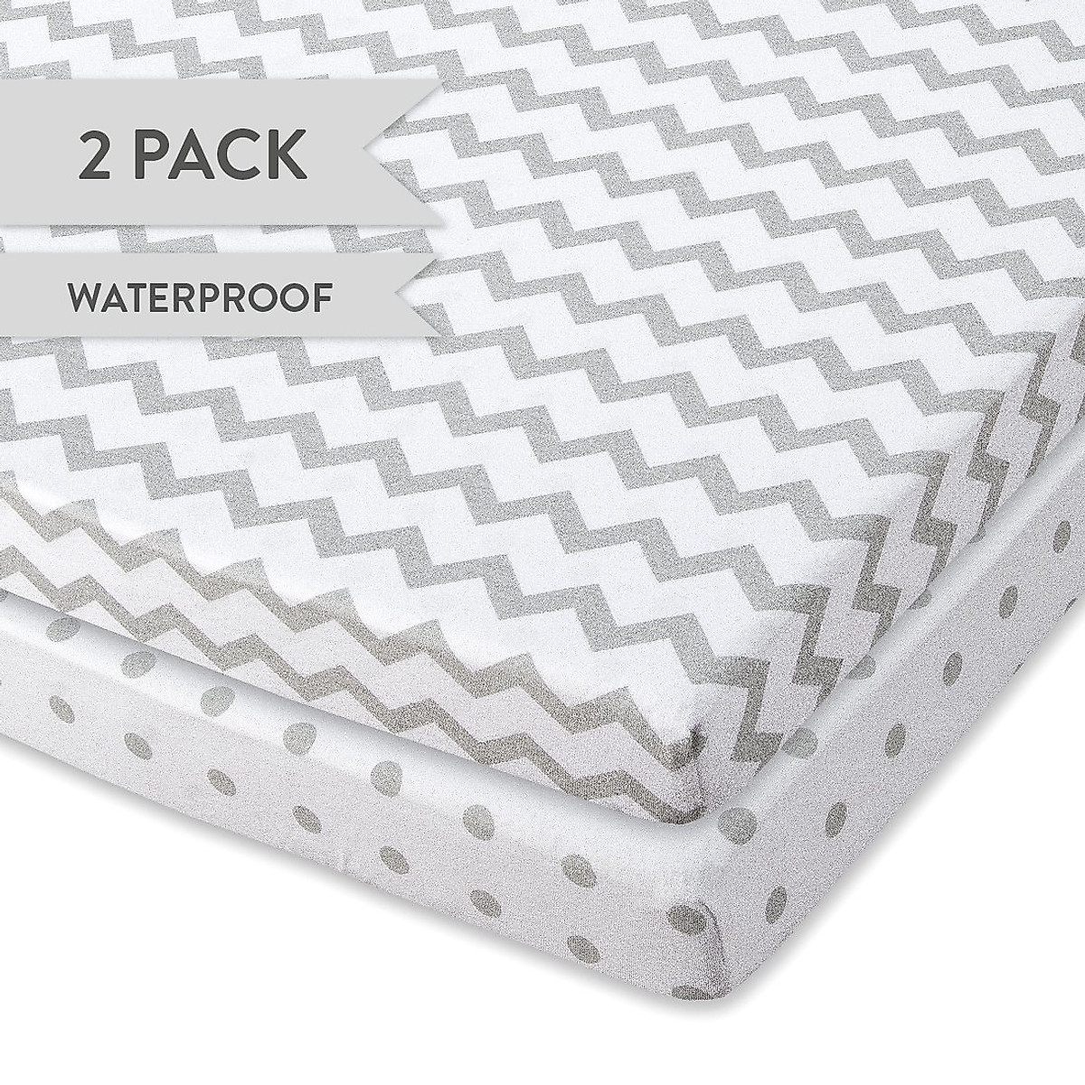 Ely's & Co. Kid's Waterproof Pack n Play Portable Mini Crib Sheet with Mattress Pad Cover Protection, White and Grey Chevron and Polka Dots (2 Pack)