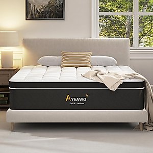 Ayeawo Queen Mattress, 12 Inch Hybrid Mattress Queen Size with Pressure Relief Foam and Pocket Springs, Motion Isolation and Supportive, Breathable Fabric, Queen Size Mattress in a Box, Medium Firm