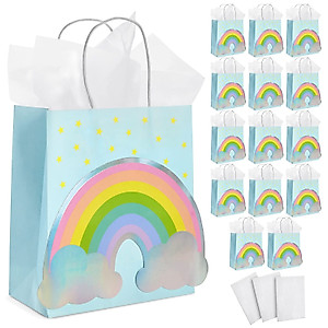 Rainbow Gift Bags with Handles and White Tissue Paper (15 Pack)