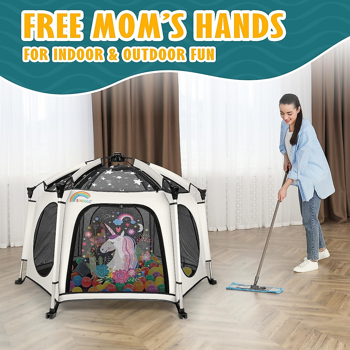 Baby Playpen for Babies and Toddlers, Indoor & Outdoor Portable Play Yard for Baby, Foldable Baby Beach Tent with Canopy and Travel Bag - Beige