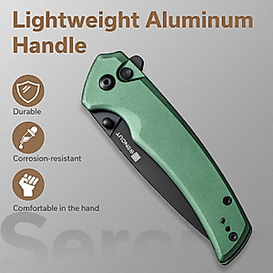 SENCUT Button Lock Pocket Knife for EDC, Serene Folding Knife, Thumb Stud & Flipper Opener, Aluminum Handle with 3.48" D2 Black Blade for Outdoor, Camping, Hunting S21022B-5 (Green)