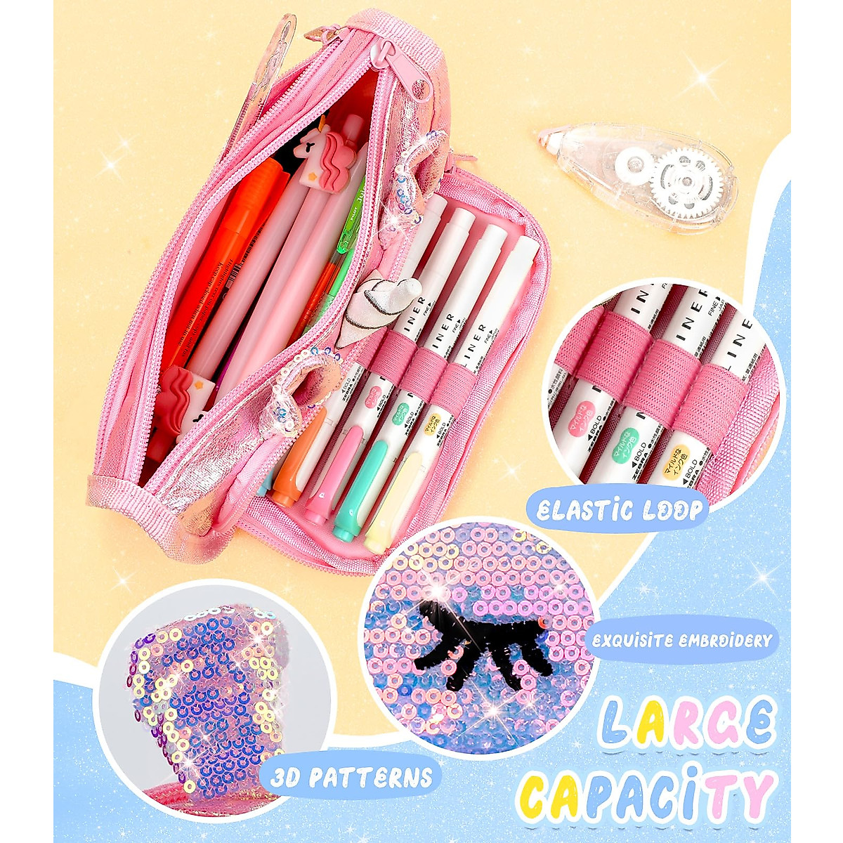 LISEVO Cute Pencil Case, 3D Pencil Pouch for Girls Kids, Sparkly Pencil Bag with Sequins for Students, Glitter Bling School Supplies Stationary Pen Holder