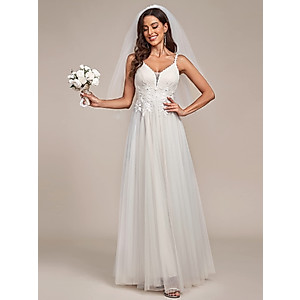 Ever-Pretty Women's Ruched Tulle Embroidered Lace Long Summer Evening Party Dresses for Wedding White US16