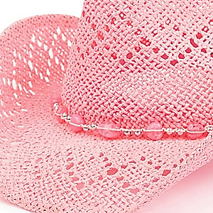 TOVOSO Straw Cowboy Hat for Women with Beaded Trim and Shapeable Brim, T52 Light Pink