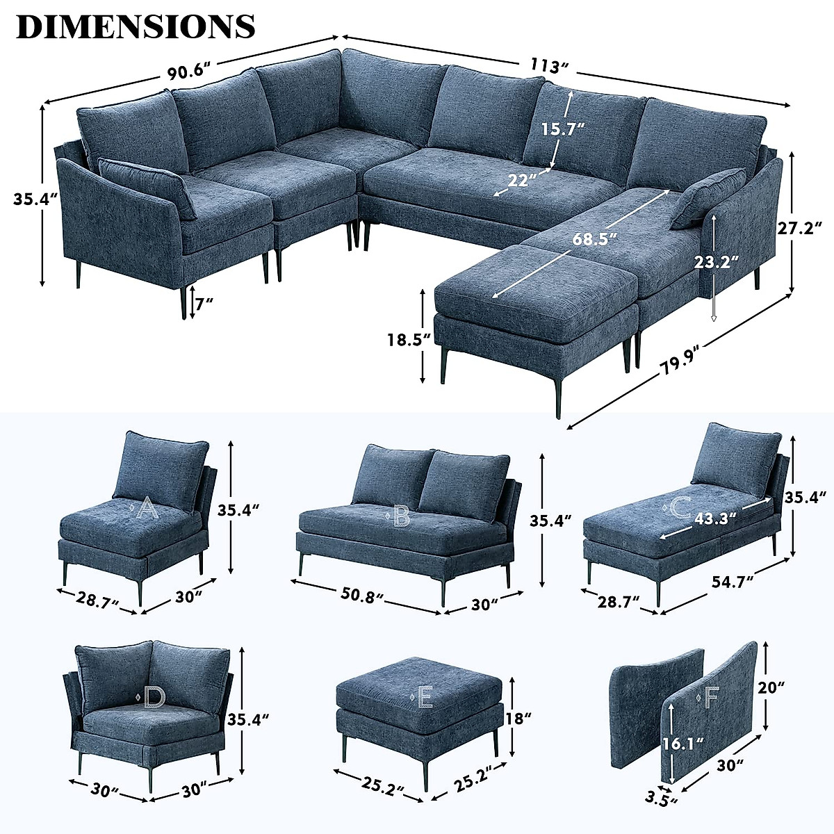 MELLCOM 113" Cloud Couch Sectional 6-Seat U Shaped Modular Sofa w/Chaise & Ottoman, Comfy Memory Foam Modular Couch in Washable Chenille Fabric, Modern Living Room Sectional Sofa, Blue