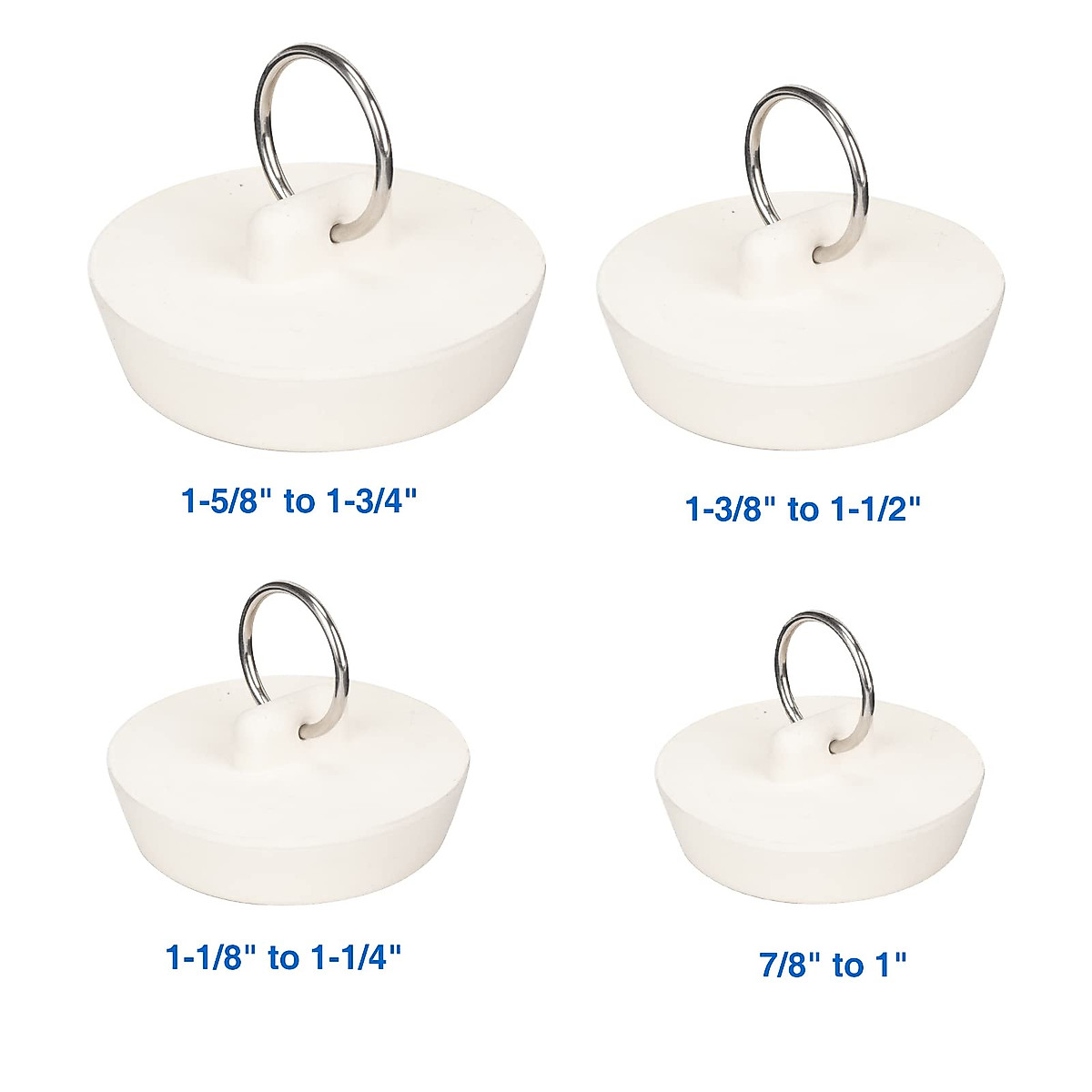 6 Packs Tub Stopper, Rubber Bathtub Stoppers Drain Plug, 2Pcs 15" Stainless Steel Beaded Chain, 6 Different Sizes Premium Bathroom Plug Fit for Kitchen, Bathroom Bath tub and Laundry Sink, White