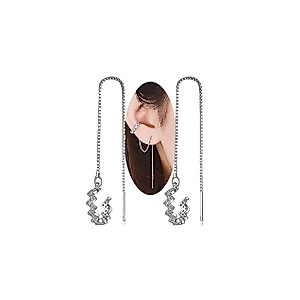 925 Sterling Silver Wave Cuff Earrings with Sparkly Cubic Zirconia Wrap Tassel Earrings for Women Dangle Earrings Threader Chain