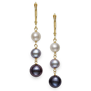 14k Yellow Gold Cultured Freshwater Pearl Trio Dangle Drop Earrings (Multi-Black)