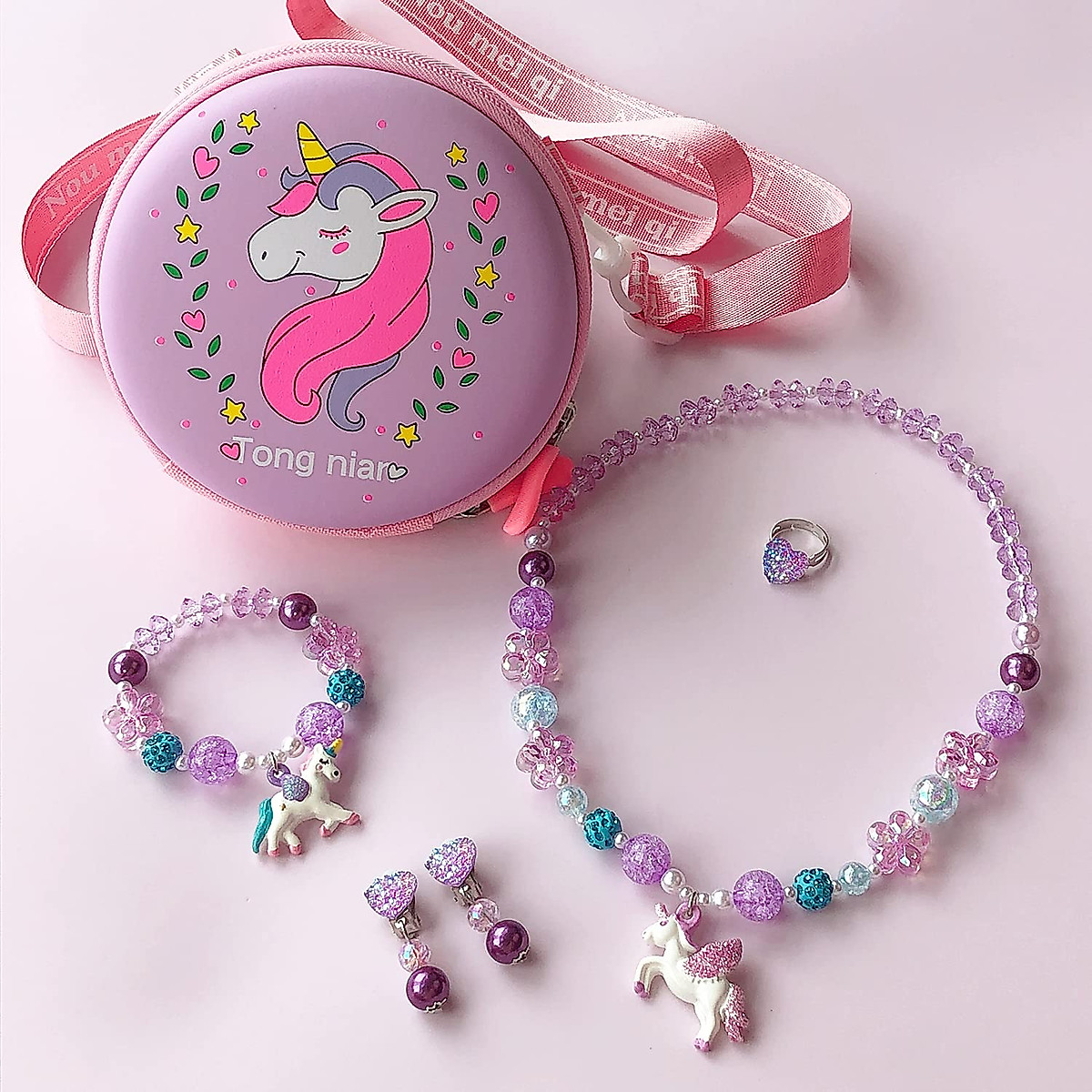 ELEMIRSA 6pcs Unicorn Purse handbag for Little Girls Dress Up Jewelry Pretend Play Kids Accessories Unicorn Necklace Jewel Party Favor, Purple