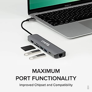 Plugable 7-in-1 USB C Hub Multiport Adapter with Ethernet Driverless Compatibility with Mac, Windows, iPhone 15, Chromebook, USB4, Thunderbolt, 100W Charging, Ethernet, 4K60Hz HDMI, 2X USB, SD/microSD