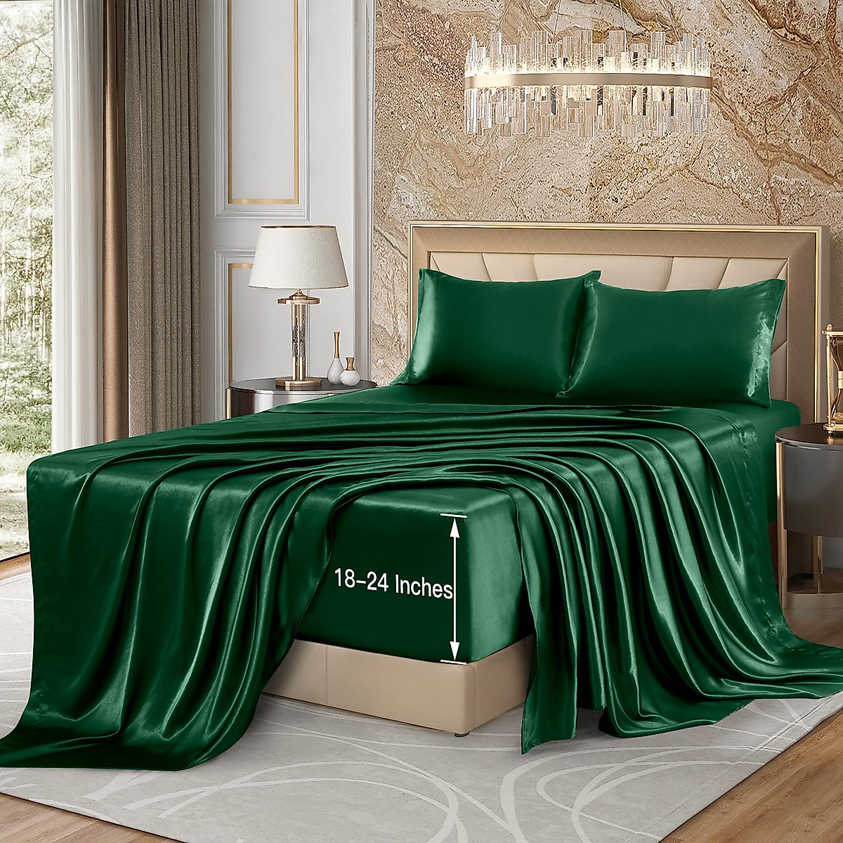 VACVELT 4pcs Extra Deep Pocket Satin Sheets Full Size Bed Set, Blackish Green Satin Sheet Set Fit 18-24 Inch Deep Pocket Mattress, Silky & Luxury Satin Bedding Set Soft & Ultra Deep Fitted Sheet Set