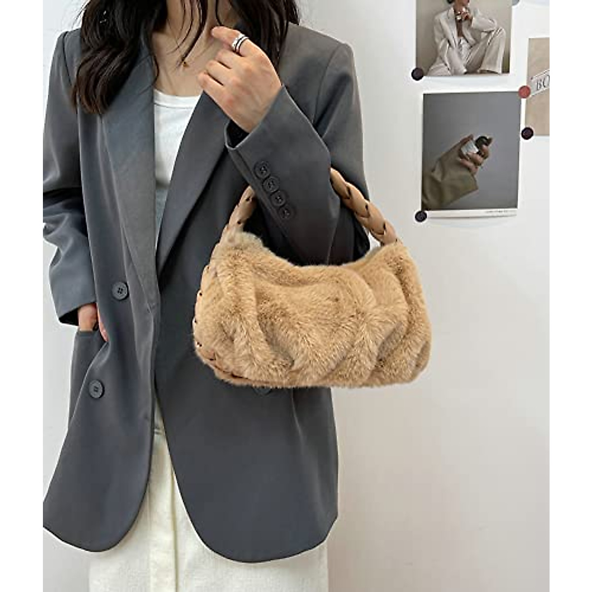 Tote Bag Women Cozy Fuffy Fleece Plush Trendy Shoulder Bag Quilted Casual Soft Warm Handbag Purse