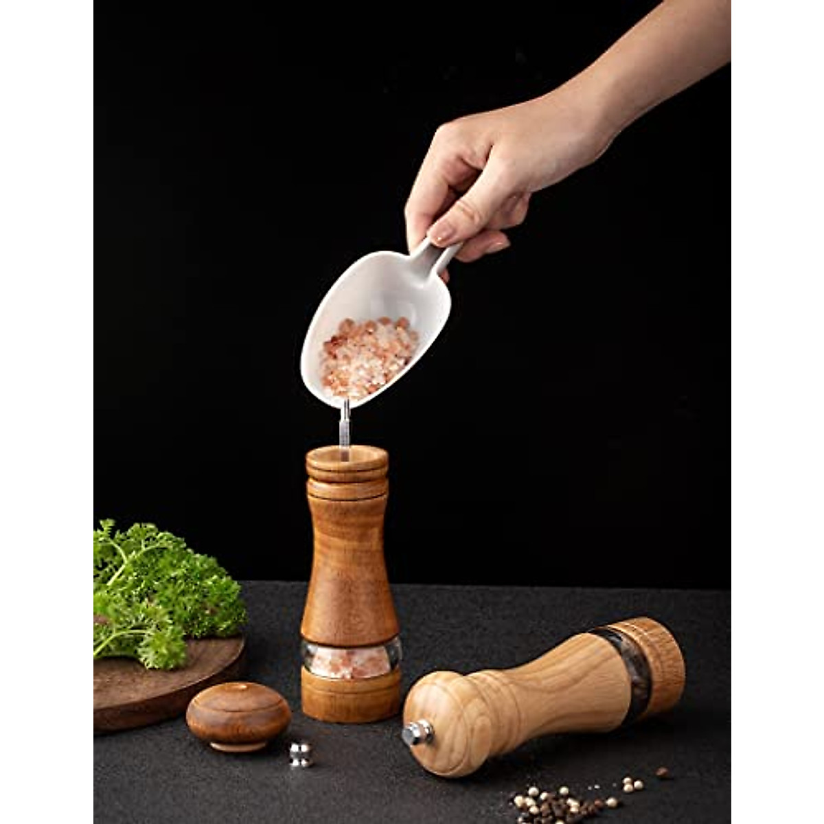 Funly mee 2 Pack Farmhouse Manual Wood Salt and Pepper Grinder Mills Sets, Refillable Mill Sets with Clear Acrylic Window - 6.5 In (6.5 inch Brown)