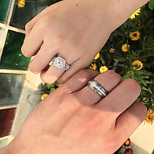 Newshe Wedding Rings Set for Him and Her Women Mens Tungsten Bands Princess Cz 2.3Ct Sterling Silver 8&10